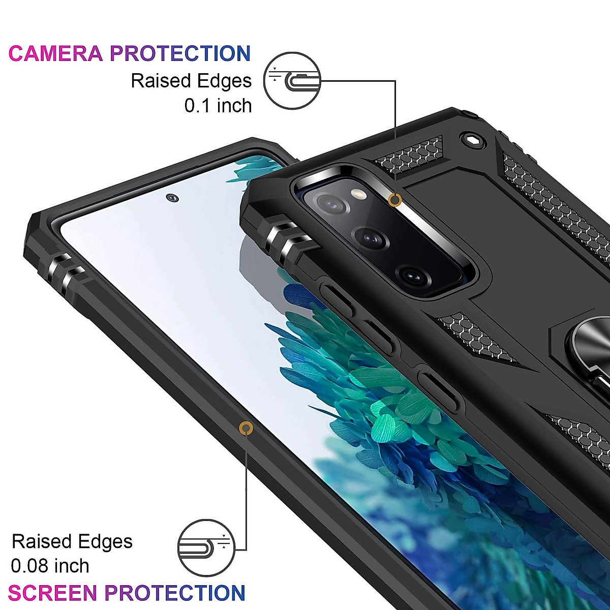 LUMARKE for Galaxy S20 FE Case with Screen Protector,Pass 16ft. Drop Tested Military Grade Cover with Magnetic Ring Kickstand,Protective Phone Case for Samsung Galaxy S20 FE Black