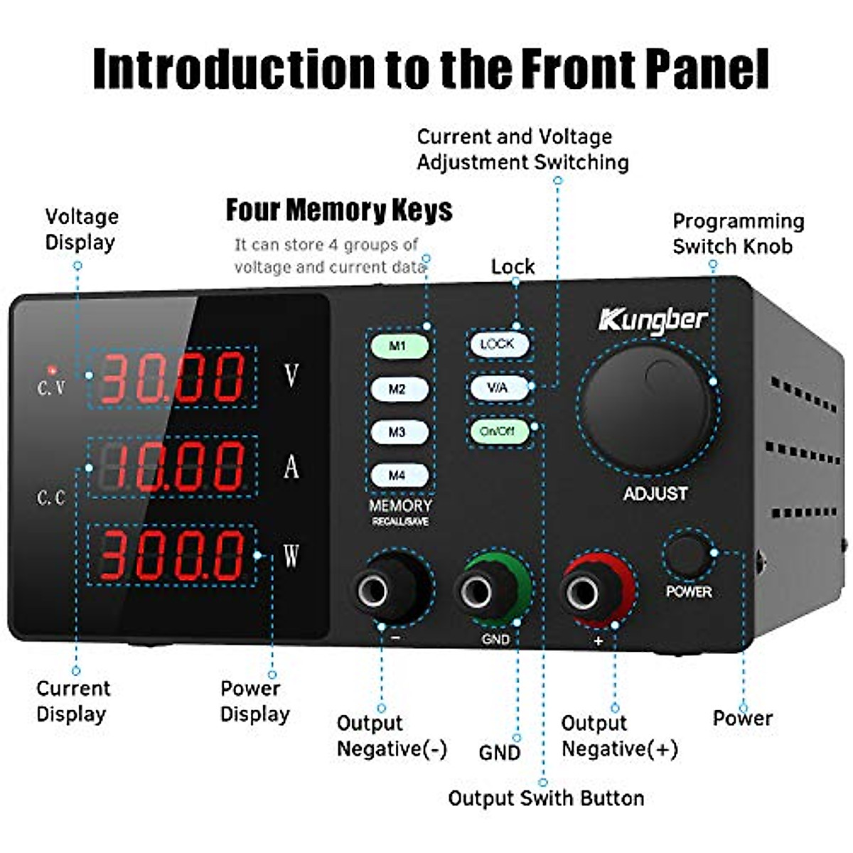 Kungber DC Power Supply Variable with Memory, 30V 10A Adjustable Switching Regulated DC Bench Linear Power Supply with Memory Recall and Output Disable Button 4 Digits Display and Alligator Leads