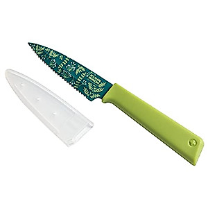 KUHN RIKON 22767 Colori+ Non-Stick Serrated Paring Knife with Safety Sheath, 19 cm, Herb