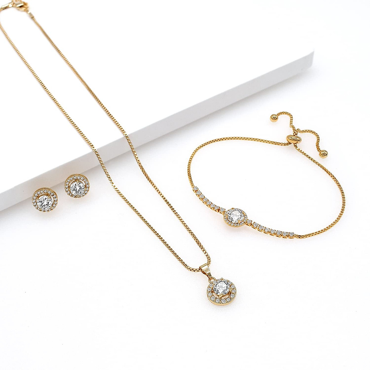 UDYLGOON Round Earrings Necklace Bracelet Jewelry Set for Women Bridal Bridesmaid Party Prom Daily Wedding (Rose Gold)