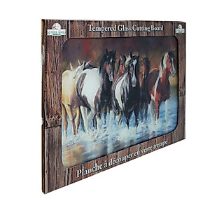 Rivers Edge Products Large 12in x 16in Decorative Tempered Glass Cutting Board, Hypoallergenic, Non Slip, Textured Surface Chopping Board for Kitchen, Cute Horse Equine Design, Rush Hour Horse