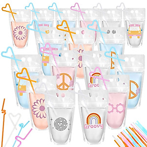 Willinglong 24 Pack 15 oz Groovy Rainbow Drink Pouches with Straw Bachelorette Party Supplies Groovy Bridal Shower Party Decorations for 70s Groovy Party Favor