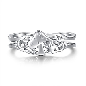 Cute Mushroom Gifts for Women - 925 Sterling Silver Magical Mushroom Ring with Moon and Star Gifts