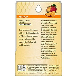Burt's Bees Lip Balm - Mango, Lip Moisturizer With Responsibly Sourced Beeswax, Tint-Free, Natural Origin Conditioning Treatment, 2 Tubes, 0.15 oz.
