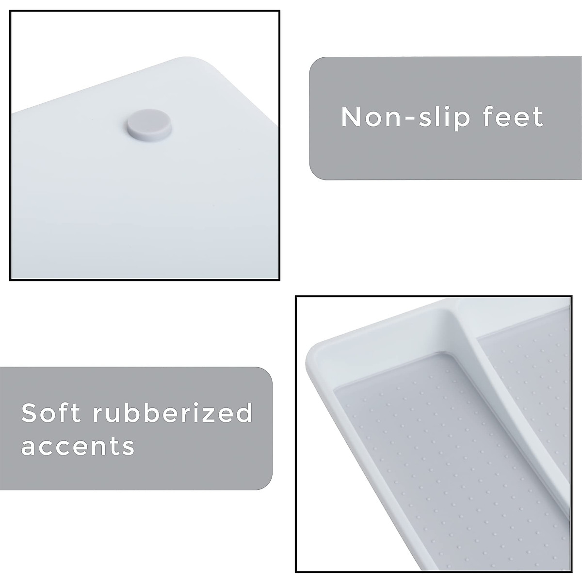 Smart Design 2-Compartment Plastic Drawer Organizer - Non-Slip Lining and Feet - BPA Free - Utensils, Flatware, Office, Personal Care, or Makeup Storage - Kitchen - White with Gray