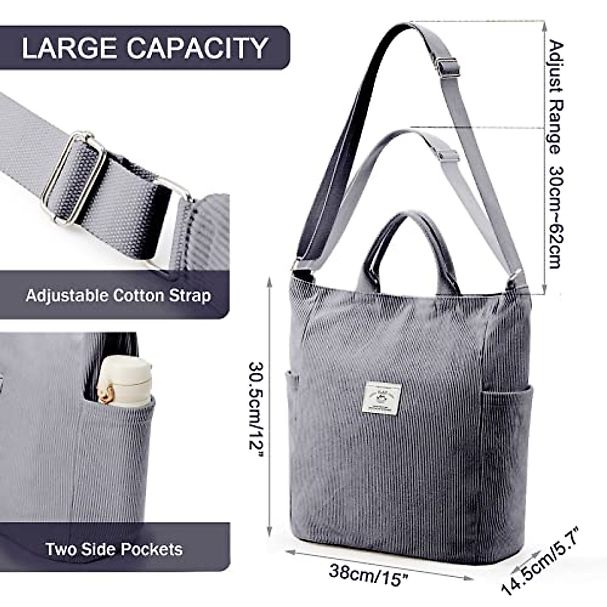 KALIDI Corduroy Tote Bag, Large Messenger Bag Shoulder Hobo Anti Splash Crossbody Zipper Bag Casual Work Shopping Women Grey Blue