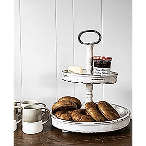 Creative Co-op EC0125 Distressed Wood 2-Tier Tray with Metal Handle, Cream