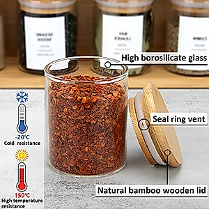 JuneHeart 12 PCS Glass Spice Jars with Bamboo Lids and 303 Waterproof Labels, 4oz Clear Food Storage Containers for Kitchen Sugar Salt Coffee Beans