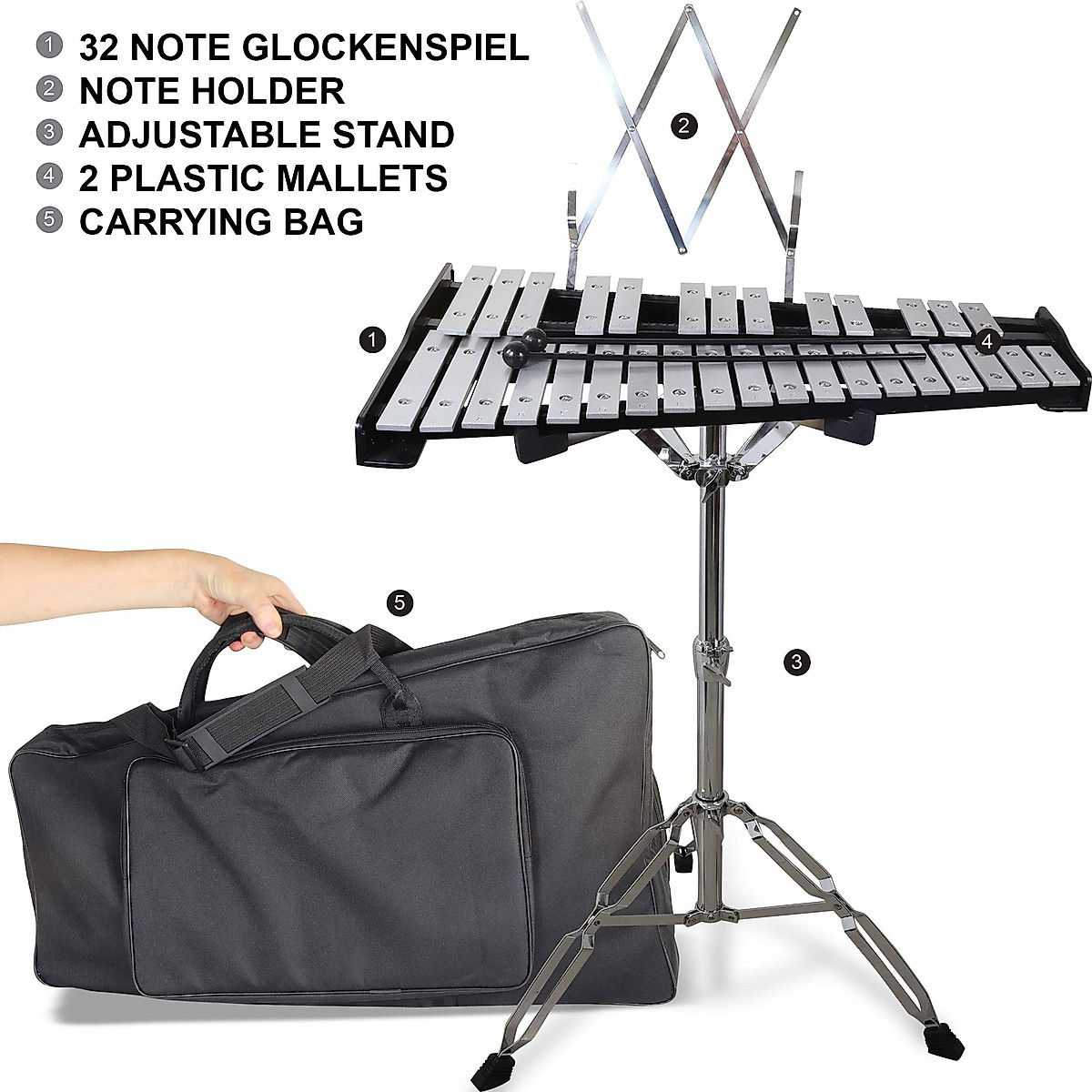 32 keys Glockenspiel Professional xylophone with Stand, Bag, Note Holder, Rubber Mallets
