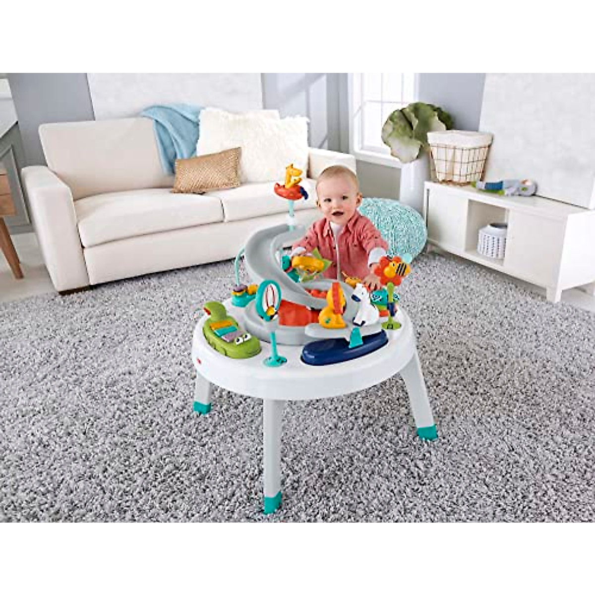 Fisher-Price Baby to Toddler Toy 2-In-1 Sit-To-Stand Activity Center with Music Lights and Spiral Ramp, Spin ‘N Play Safari