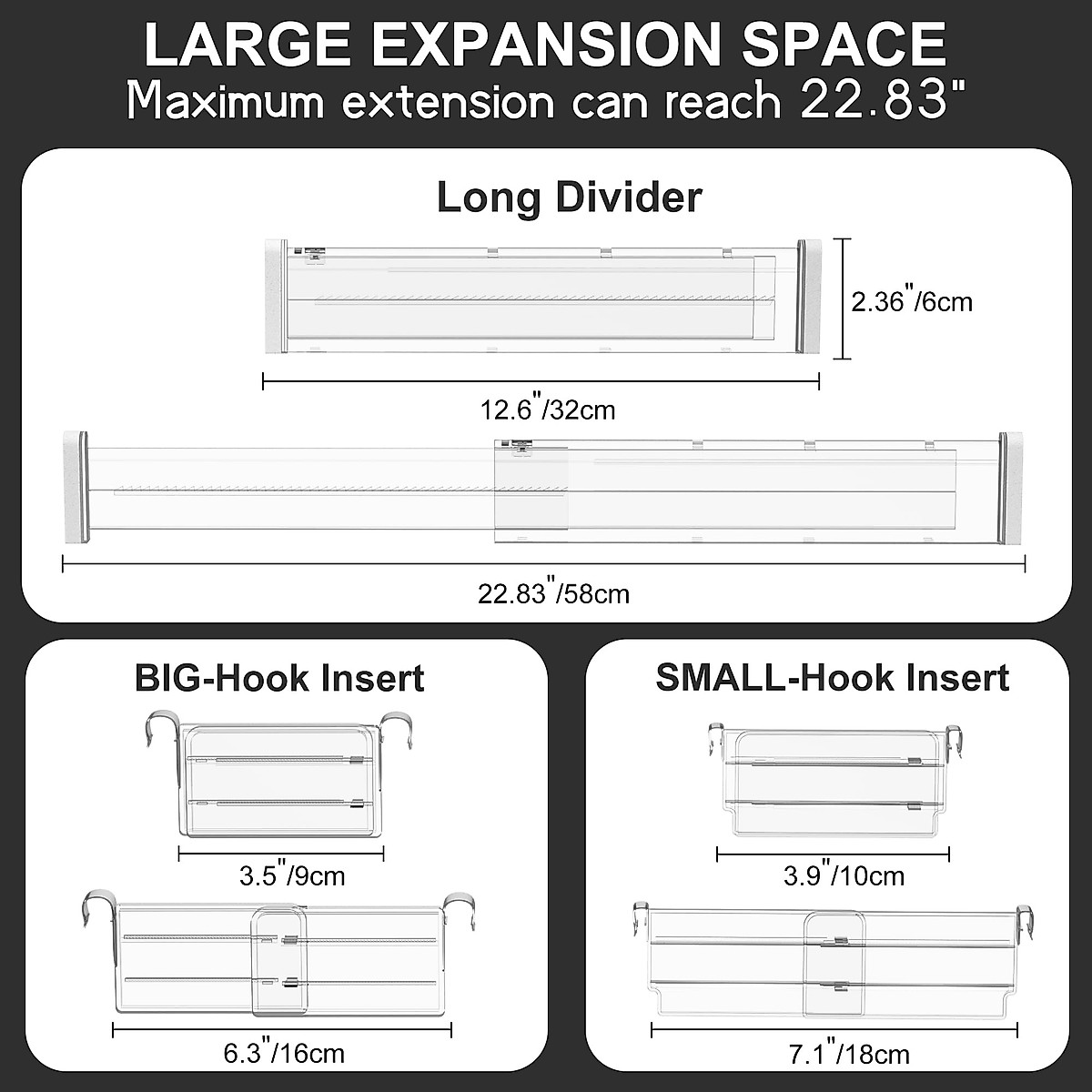 HiYZ Expandable Drawer Dividers with Inserts - 2.36'' High Adjustable Drawer Organizers Separators for Kitchen, Bedroom, Dresser, Office, 5 Long Dividers(12.6-22.8'') with 10 Inserts(3.9-7.1'')-Clear