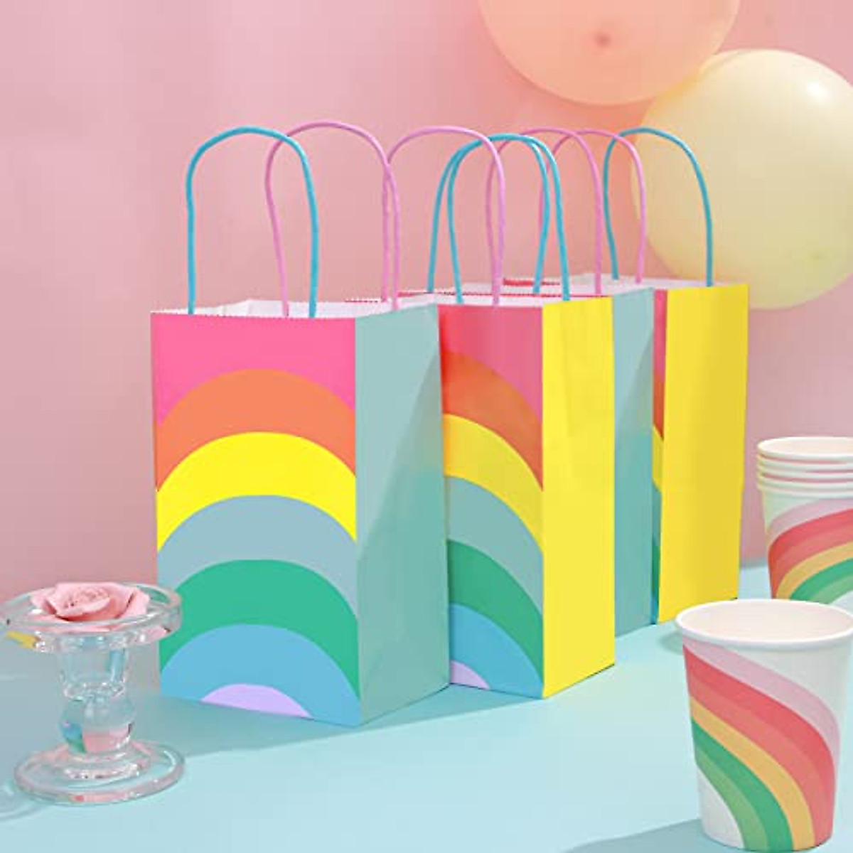 18PCS Rainbow Party Favor Bags, Small Gift Bags Bulk, Paper Gift Bags with Handles, Bulk Gift Bags Small Size, Goodie Bags for Kids Birthday Party Bags, Paper Bags with Handles, Mini Gift Bags Cmecial