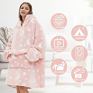 Glow in The Dark Wearable Blanket Hoodie for Adult,Oversized Sherpa Fleece Blanket Hoodie for Women Men,Luminous Moon and Stars