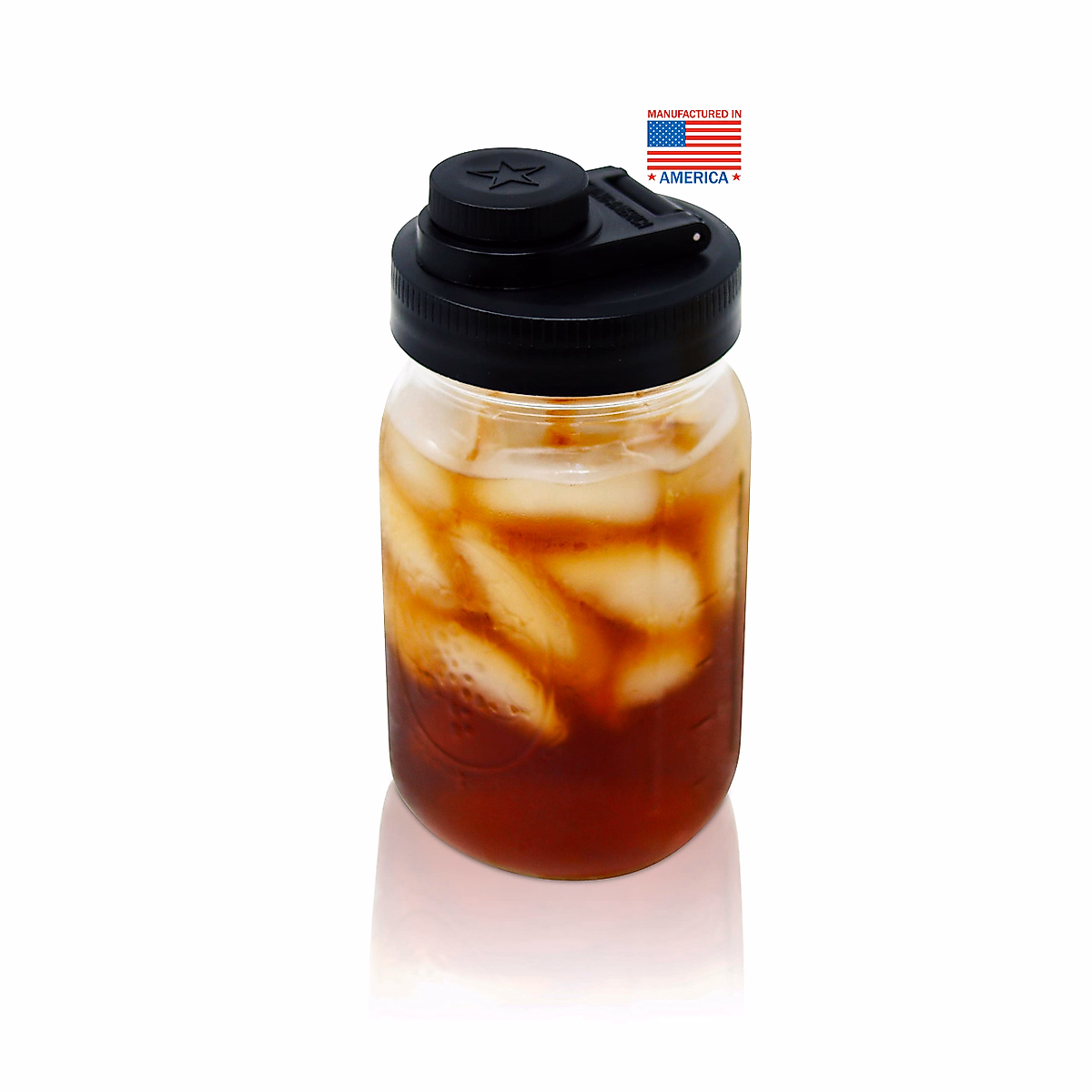 Brewing America Glass Mason Jar Pitcher with Lid - Ball Jar, 1 Quart (32 oz) with Black Wide Mouth Mason Jar Pour Lid, for Smoothie, Boba Cup, Sun Tea Jar, Cold Coffee Glass Tumbler, 1-Pack