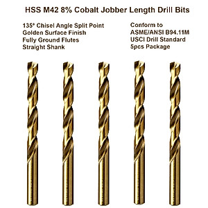 MAXTOOL 15/64" 5pcs Identical Jobber Length Drills HSS M42 Twist Drill Bits 8% Cobalt Fully Ground Golden Straight Shank Drills; JBF42G10R15P5