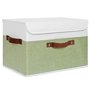 ANMINY Storage Boxes with Lids Washable Decorative Storage Bins Basket with PU Leather Handle Foldable Linen Fabric Storage Cubes Containers for Home Closet Organizer - Green White, Large Size