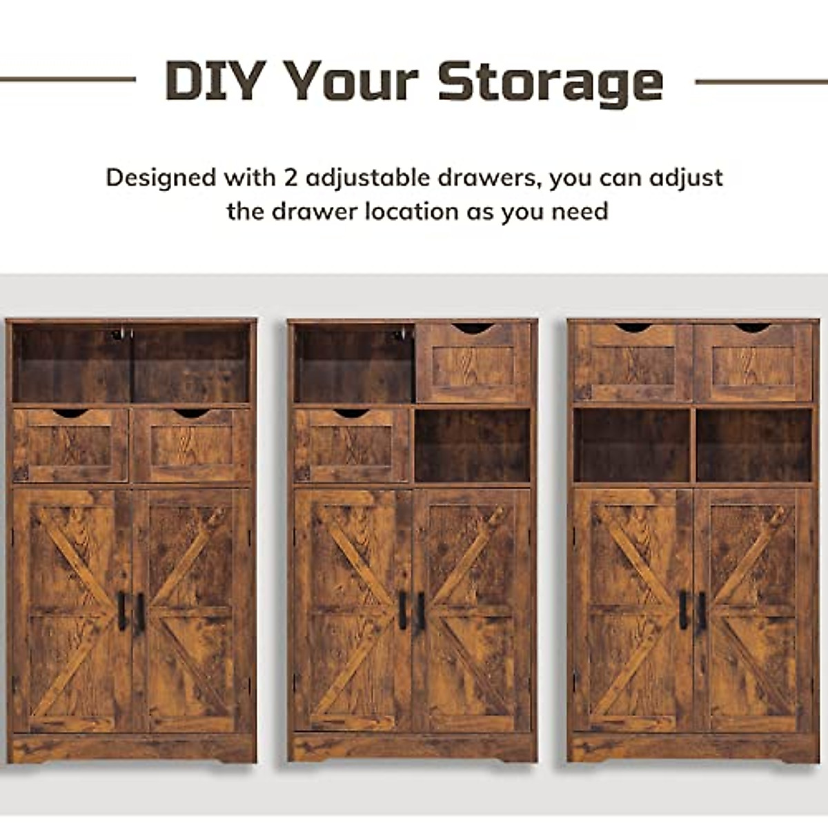 WEENFON Floor Storage Cabinet with 2 Adjustable Drawers & 2 Barn Doors, Standing Cupboard with 2 Shelf, for Living Room, Home Office, Kitchen, Rustic Brown