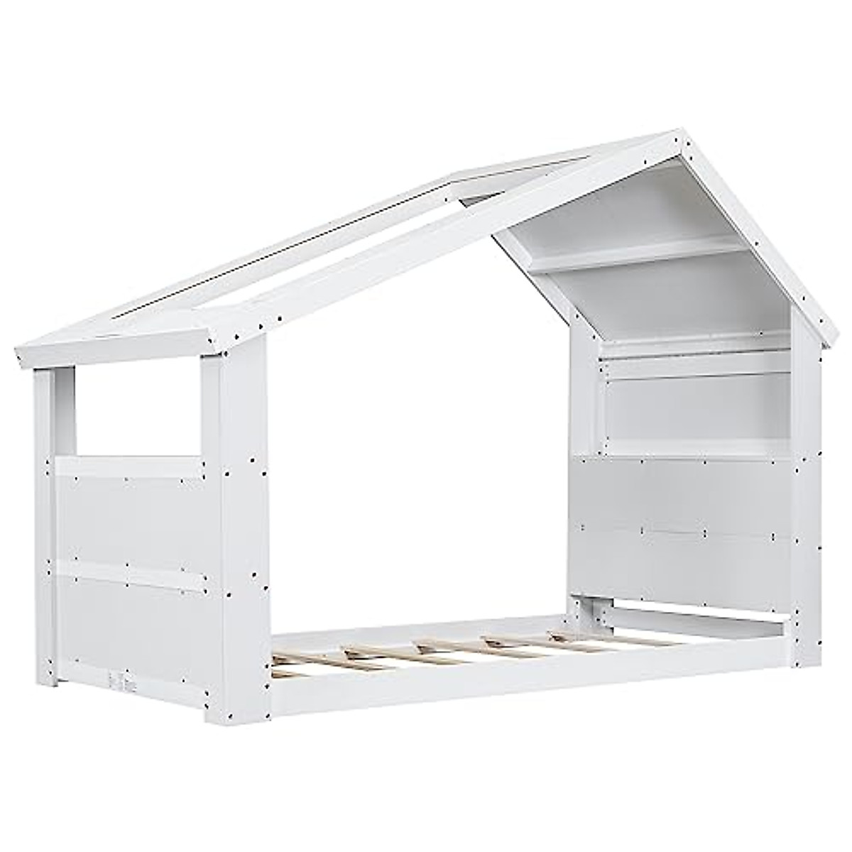 Twin House Bed Kids Floor Bed with Roof and Window, Solid Wood Montessori Bed with LED Light, Low Floor Twin Bed Frame for Kids Girls Boys, No Box Spring Needed (White)