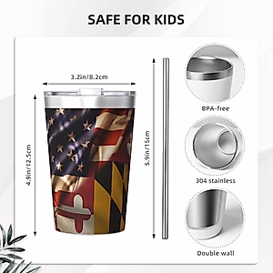 12oz Tumbler Combined Maryland And Usa Flag Stainless Steel Cup With Straw And Lid Spill Proof Bulk Double Wall Vacuum Reusable Water Tumblers For Cold Hot Drink
