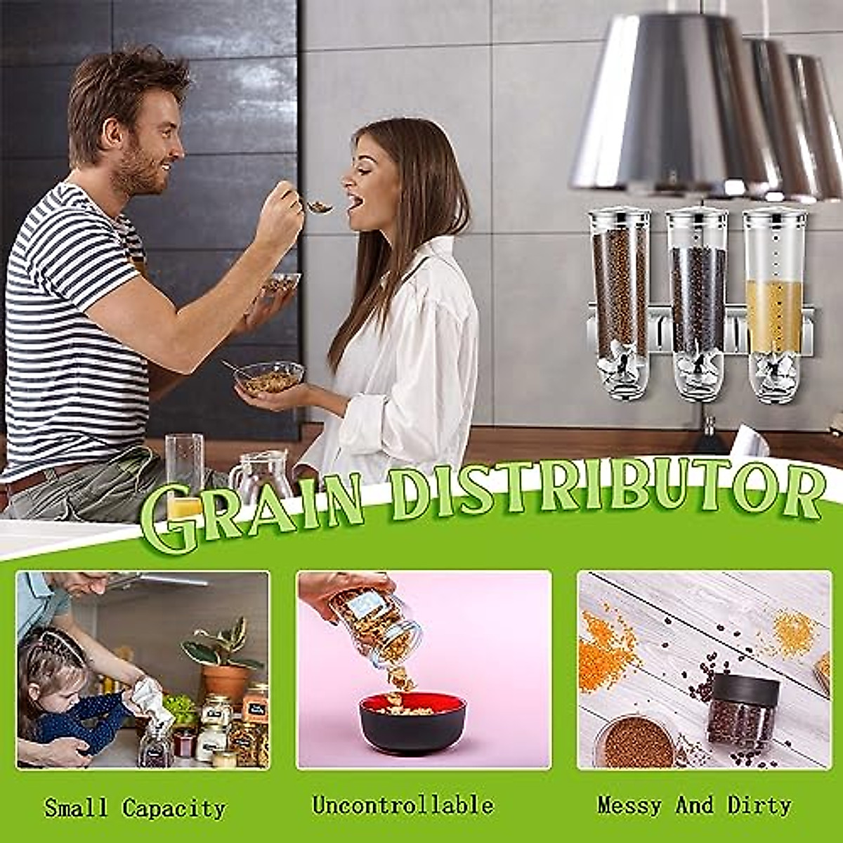 Umigy 2 Pcs Candy Dispenser Wall Mounted, Triple Dry Cereal Grain Dispenser Machine Wall Mount, Food Storage Container for Pantry Snack with 3 Cup for Kitchen, 39 oz (Silver)