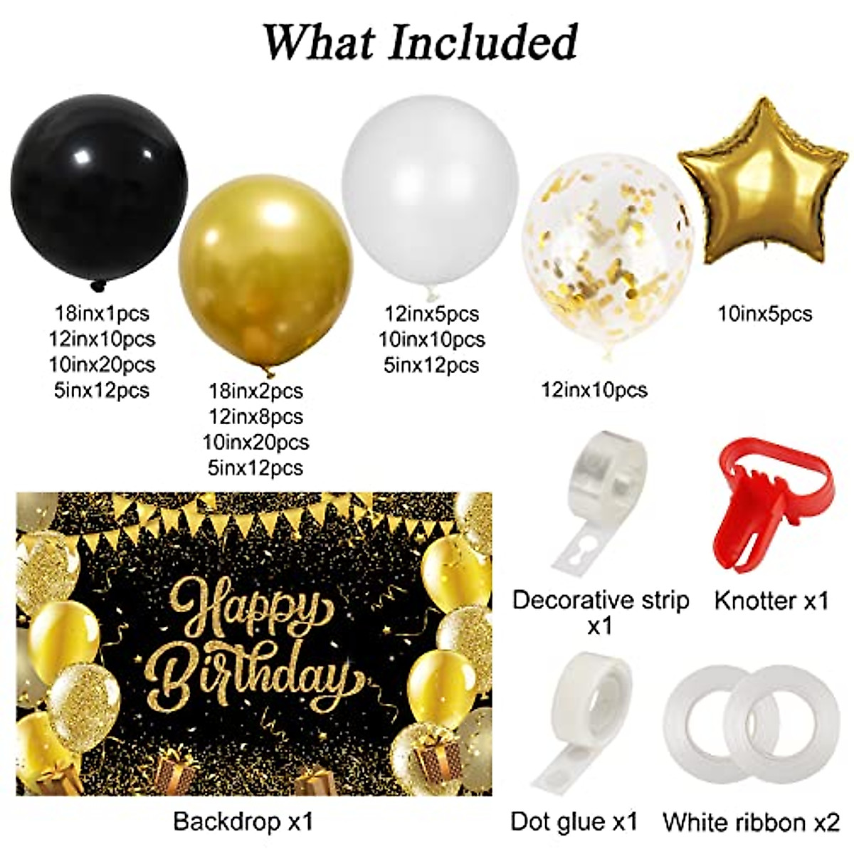 Rubfac Black and Gold Birthday Decorations Happy Birthday Backdrop with 120pcs Black and Gold Balloon Garland Kit Photo Backdrop Background for Birthday Party Decoration Supplies