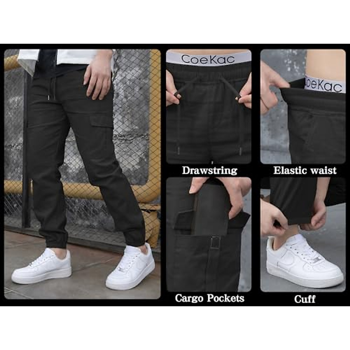 OUTSON Mens Fashion Joggers Sports Pants Casual Cotton Cargo Pants Gym Sweatpants Trousers Mens Long Pant Black
