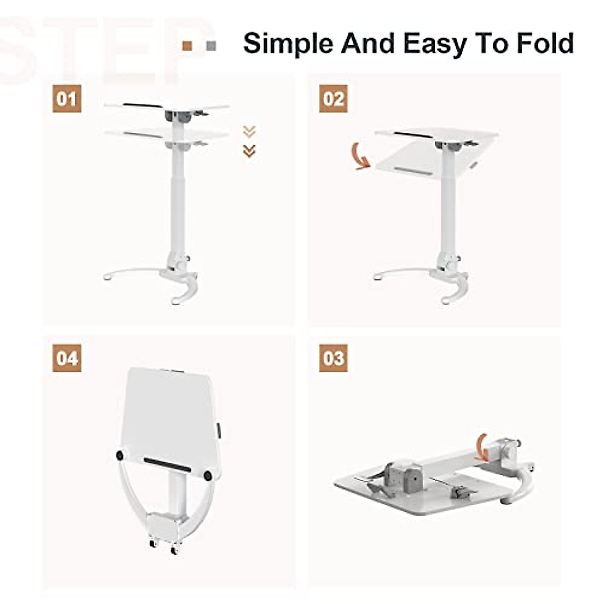 JOY worker Foldable Mobile Standing Desk, Pneumatic Height Adjustable Sit Stand Desk, 90° Tiltable Rolling Laptop Desk, Portable Desk with Wheels Non-Slip Mat for Home Office, Holds Up to 22lbs, White