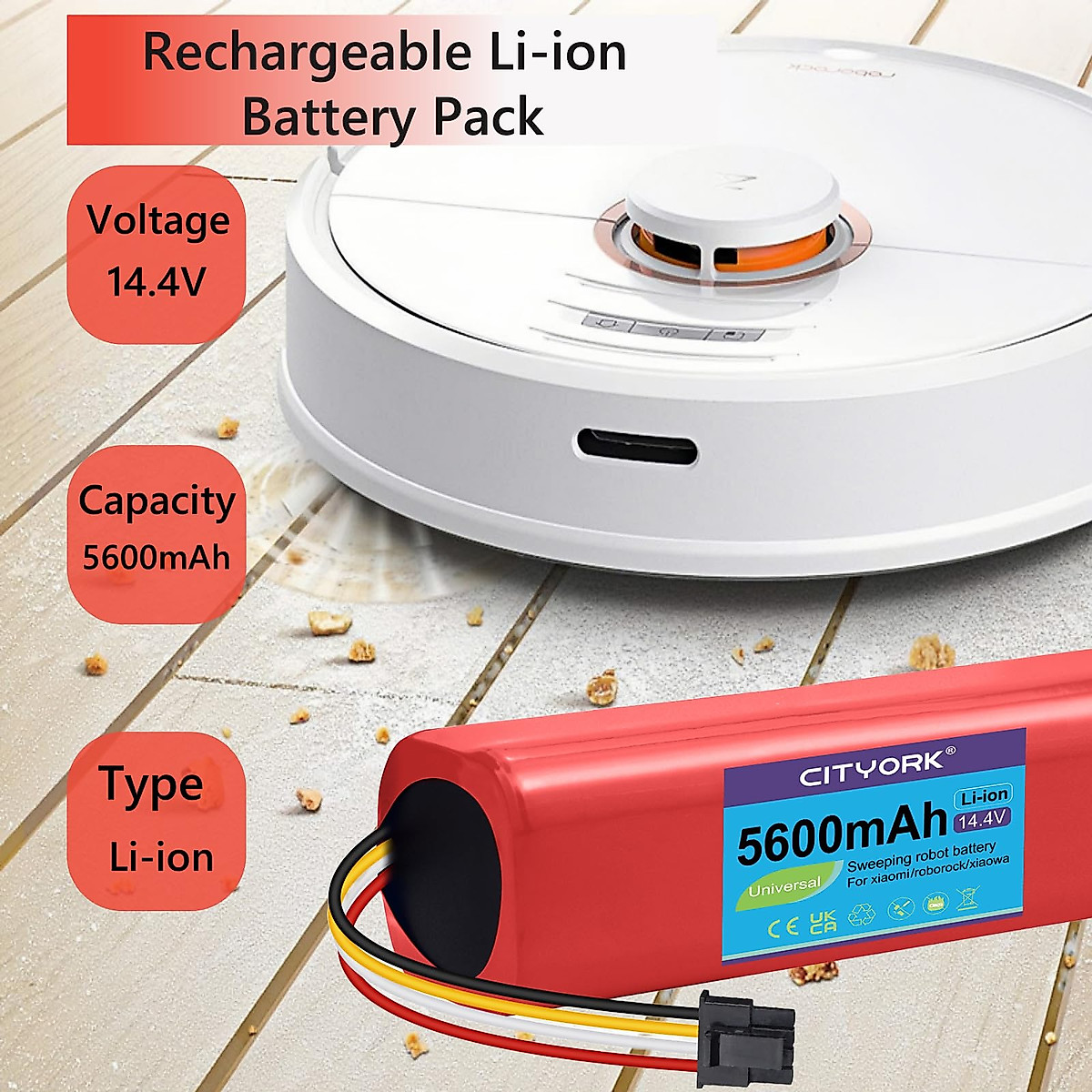 CITYORK Replacement Battery for Xiaomi Roborock S4 S4 Max S5 S5 Max S6 S7 S55 S50 S51 S55, for Xiaowa C10 E25 E20 E35 Vacuum Robot Cleaner, 5600mAh 14.4V