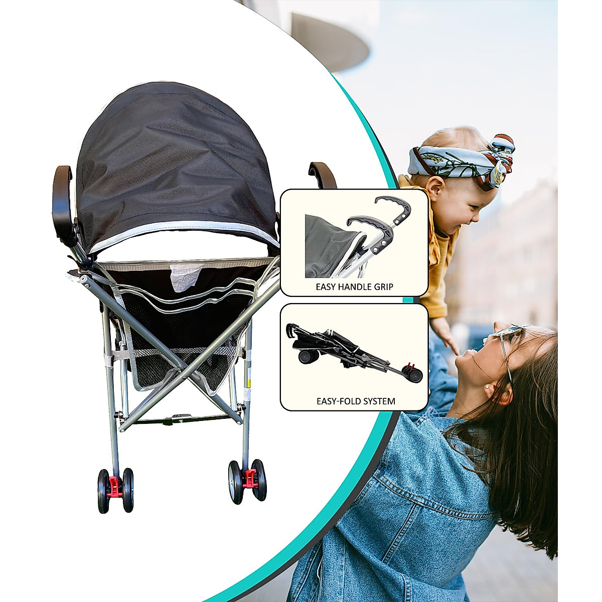 AmorosO Single Umbrella Stroller for Toddler, Travel Stroller for Babies - Sunlight and Light Rain Protection - Baby Stroller with Four EVA Wheels - Travel-Ready Stroller - Round Canopy (Black/White)