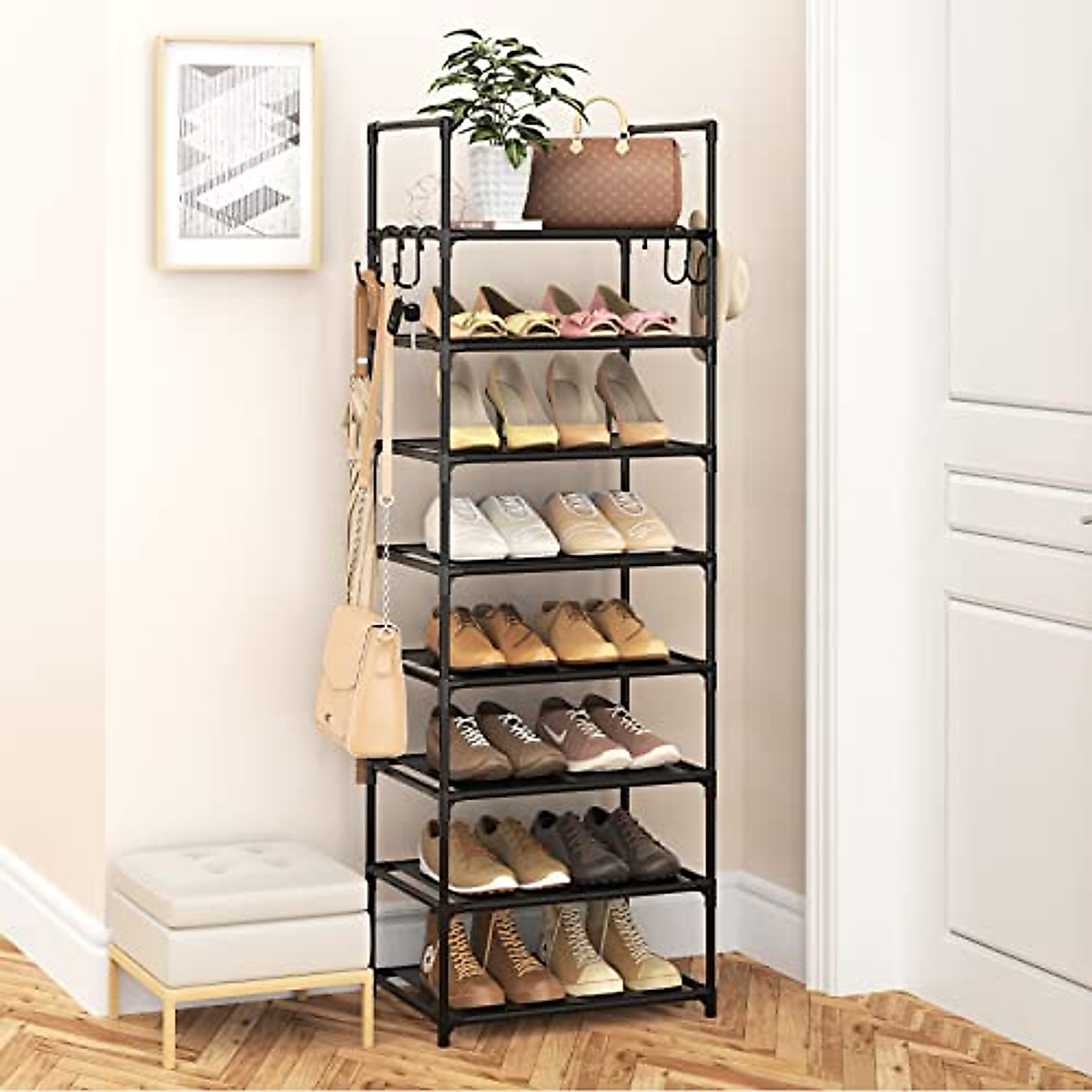 LANTEFUL 8 Tiers Tall Shoe Rack, Narrow Vertical Shoe Rack for Entryway Closet, 16-20 Pairs Shoe and Boots Organizer Storage Sturdy Shoe Shelf, Metal Stackable Shoe Stand with Hooks