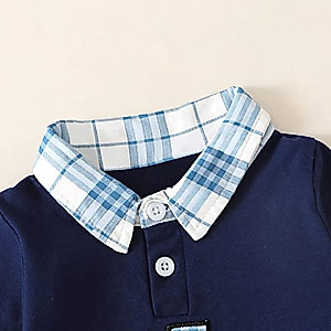 GRNSHTS Baby Boy First Birthday Clothes Plaid Stand Collar Long Sleeve Romper Jumpsuit Cake Smash Outfit (Navy Blue 4, 15 Months)