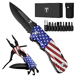 Multitool Pocket Knife American Flag, US Flag Folding Knife, Patriotic Christmas Stocking Stuffers American Gifts for Men Him Dad Husband, Cool Gadgets for Survival Fishing, Camping Accessories