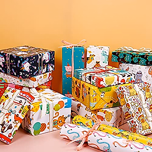 Buperor Happy Birthday Dinosaur Wrapping Paper,10 Sheets Pre-cut Funny Wrap for Girls Boys Kids Holiday Party Festival Anniversary, 19.7 X 27.6 Inch， Folded Package, Not rolled
