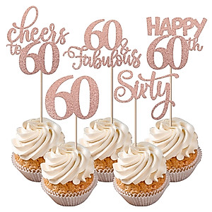 Rsstarxi 30 Pack Happy 60th Birthday Cupcake Toppers Rose Gold Glitter Sixty Cheers to 60 Years Old Birthday Cupcake Picks for 60th Birthday Anniversary Party Cake Decorations Supplies