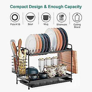 GSlife Dish Drying Rack for Kitchen 2 Tier Small Dish Rack with Drainboard Rust-Resistant Compact Dish Drainer with Utensil Holder Cutting Board Holder for Kitchen Counter, Black