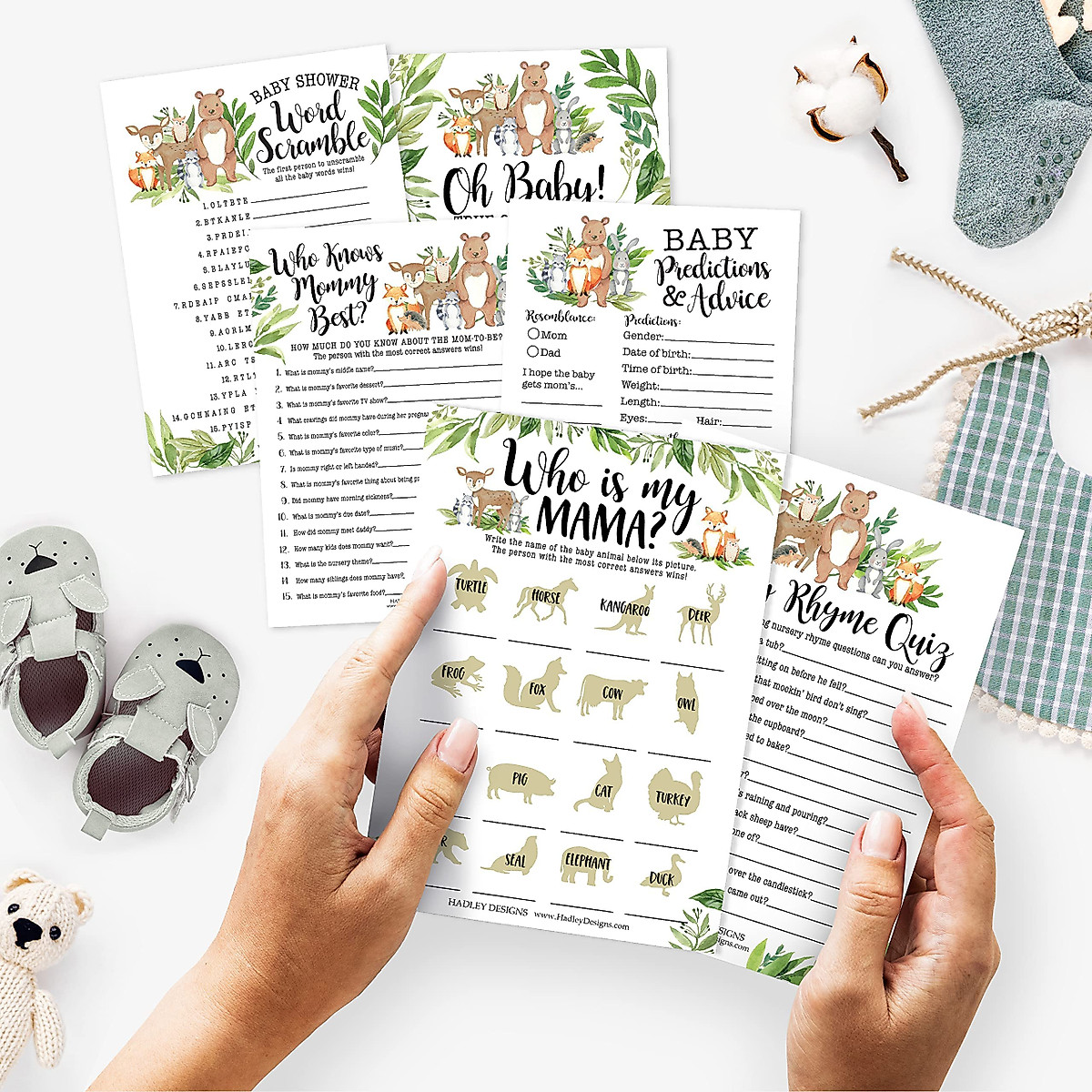 25 Woodland Animal Matching, 25 Nursery Rhyme Game, 25 Word Scramble For Baby Shower, 25 True Or False Game, 25 Who Knows Mommy Best, 25 Baby Prediction And Advice Cards - 6 Double Sided Cards