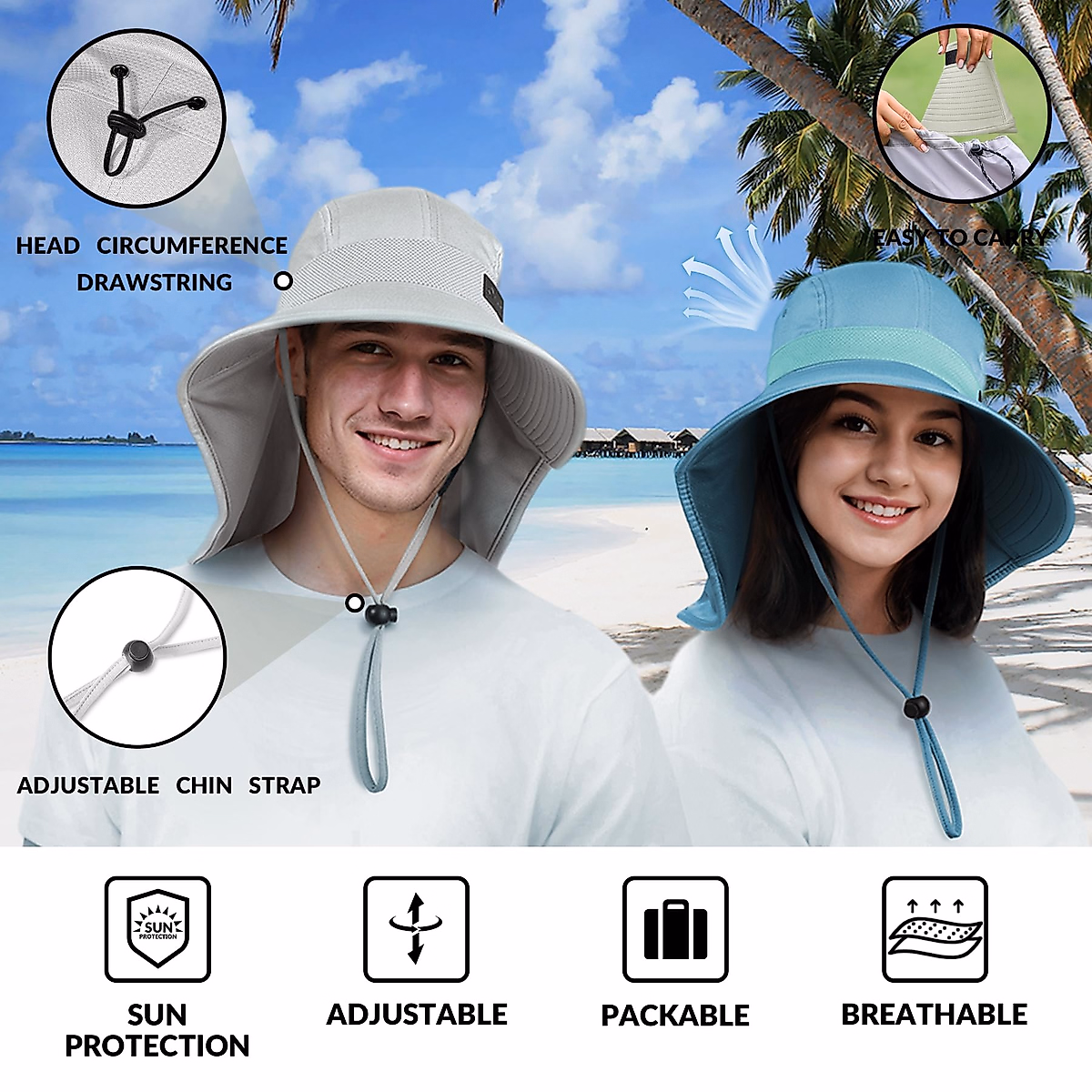 Sukeen Cooling Sun Hat for Men Women UPF50+ Wide Brim Fishing Hat with Neck Flap Adjustable Foldable Bucket Hat for Hiking White