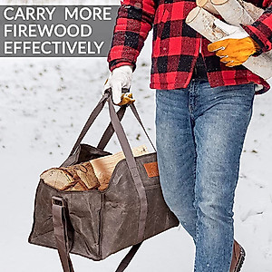 Longridge Extra Large Firewood Log Carrier Bag Tote with Leather Gloves. Durable Waxed Canvas,Handles and Shoulder Strap. Home,Camping or Gift,Grey Waxed Canvas,24 x12x12.6
