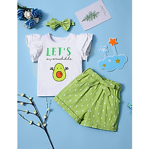 Toddler Girl Clothes 18-24 Months Girl Summer Outfits Baby Girl Clothes Sets with Avocado Ruffle Short Sleeve Top + Green Shorts Pants + Bow Hairband 3Pcs Set