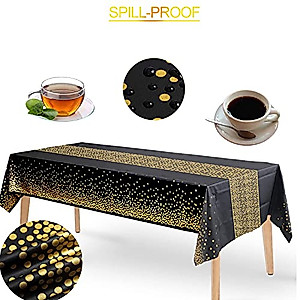 FECEDY 4 Packs 54"x108" Gold Wave Point Black Disposable Plastic Table Cover Waterproof Tablecloths for Rectangle Tables up to 8 ft in Length Party Decorations