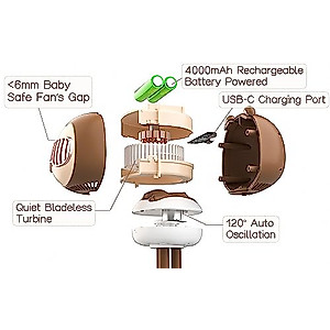 KinYiLO Cute Stroller Fan Clip On for Baby, Portable Baby Stroller Fans Bladeless, 4 Speeds Auto Oscillating, 4000mAh Rechargeable Battery Powered, Flexible Tripod Small Cooling Fan for Crib/Car Seat