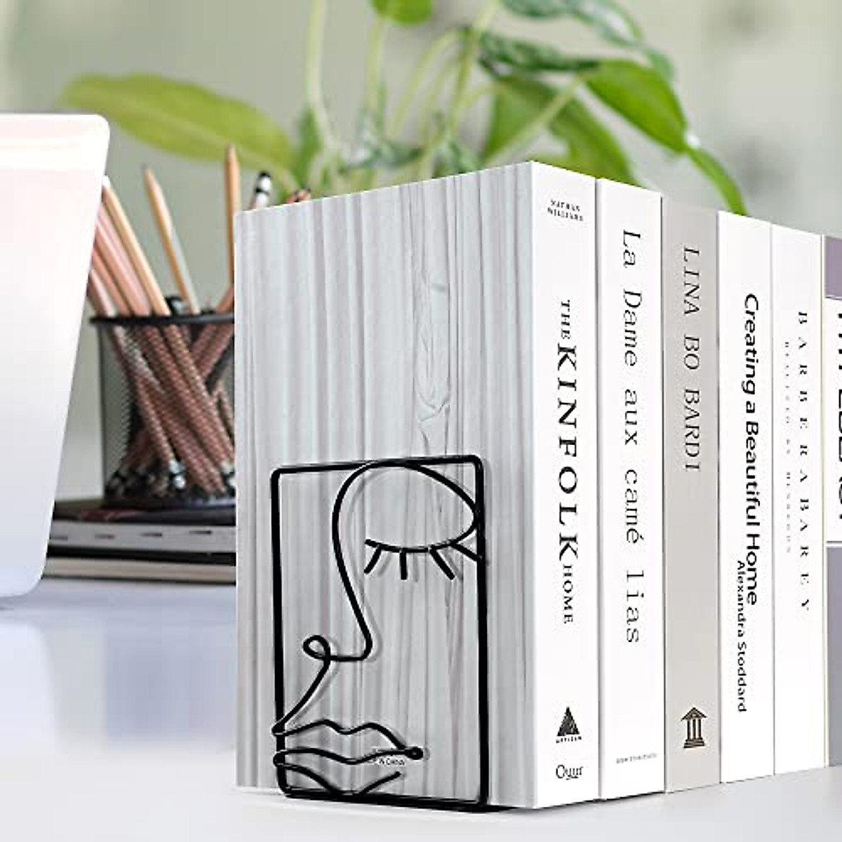 Book Ends Modern Abstract Design Bookends for Shelves （Metal/Black） Heavy Duty Decorative Non-Skid Bookends Book Stoppers for Books and CDs