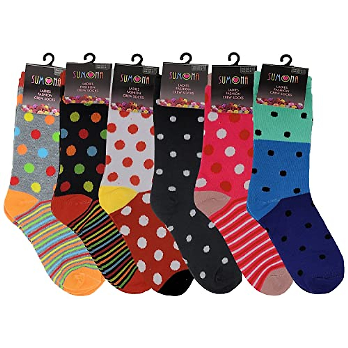 Sumona 6 Pairs Women Colorful Fancy Design Soft & Stretchy Novelty Crew Socks (Bright Polka Dot)
