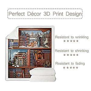 Sleepwish Cat in The Bookshelf Blanket Vintage Animal Pet Pattern Blanket Kitten Gifts for Cat Lovers Sherpa Fleece Throw Blankets Gifts for Cat Lovers Librarian Book Lover Gifts Twin(60"x80")