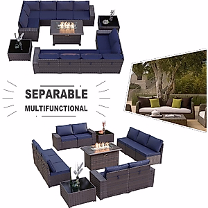 Kullavik 13 Pieces Outdoor Patio Furniture Set with 43" 55000BTU Gas Propane Fire Pit Table PE Wicker Rattan Sectional Sofa Patio Conversation Sets,Navy blue