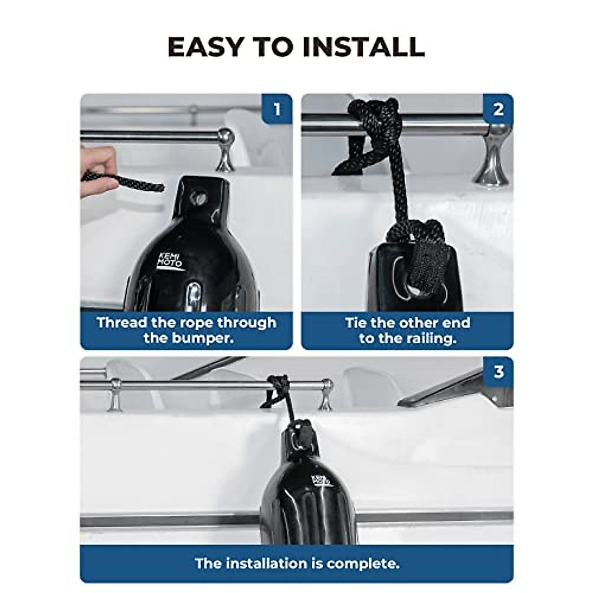 KEMIMOTO Boat Fenders Boat Bumpers for 15-35ft Boat, 4 Pack Inflatable Boat Fenders Bumpers with 4 Ropes, Boat Bumpers for Docking, Black