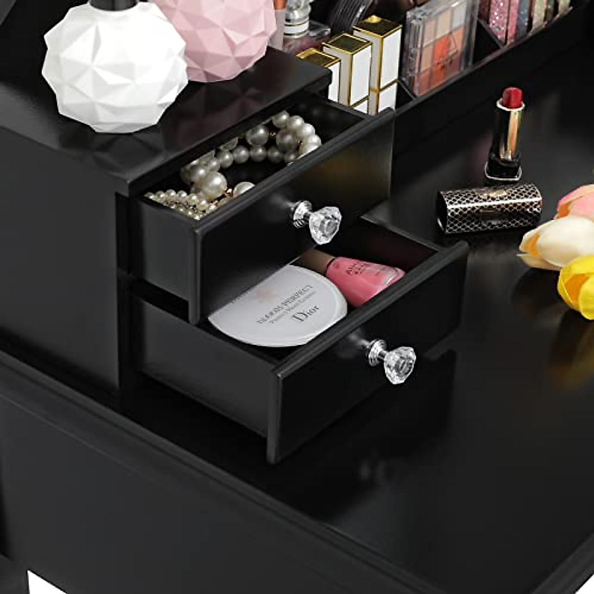 Quimoo Large Vanity Desk with LED Lighted Mirror & Power Outlet,Makeup Vanity Table with 7 Drawers,4 Shelves and 8 Hooks,for Bedroom,Bathroom,Black
