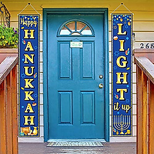 Happy Hanukkah Banner Hanukkah & Chanukah Decorations Porch Hanging Blue Welcome Sign for Home Holiday Party Outdoor Decor