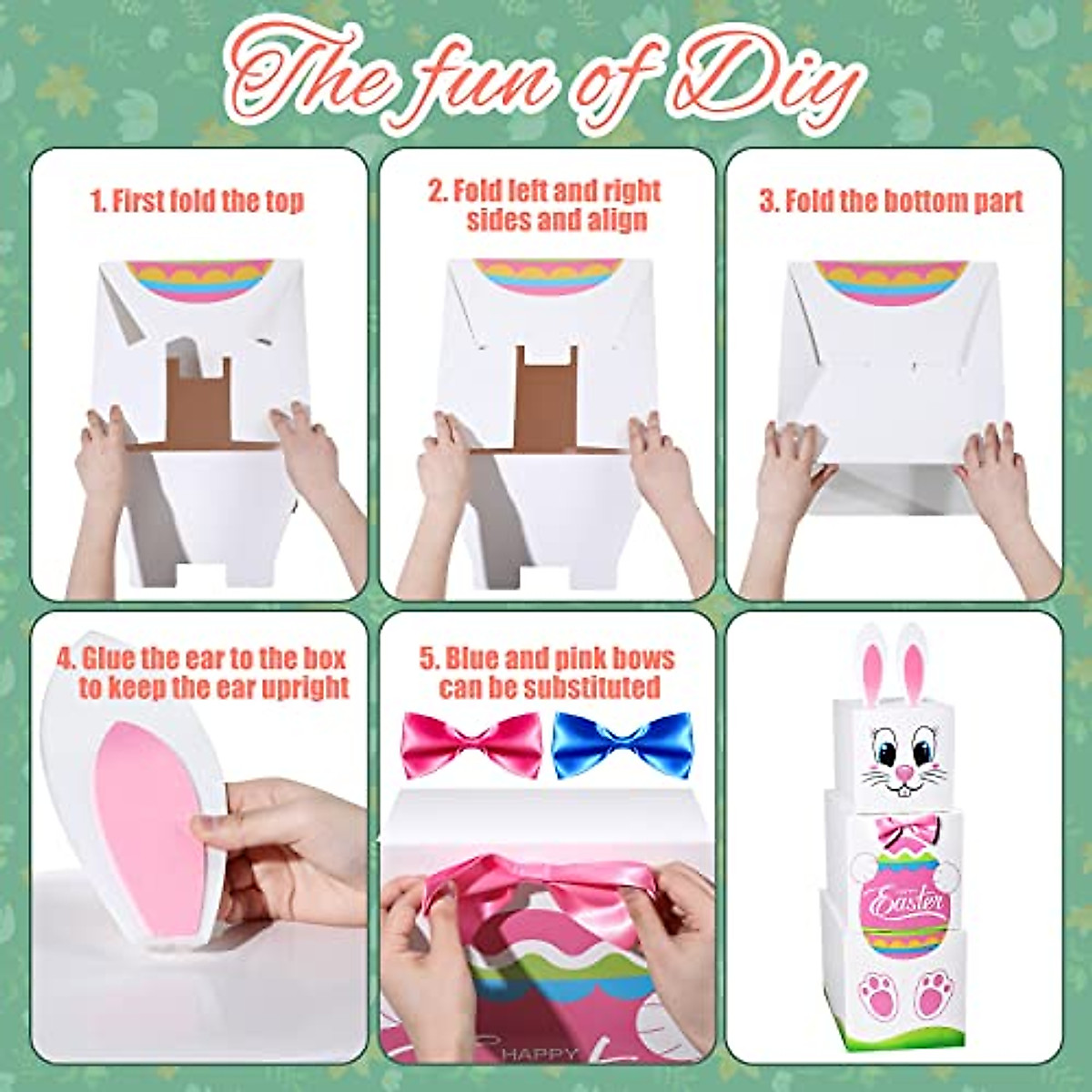 Gersoniel 7 Pieces Easter Box Decoration Bunny Nesting Boxes with Bunny Ears and Bows Easter Egg Decorative Boxes Stackable Easter Present Boxes Easter Nesting Boxes for Easter Party Supplies