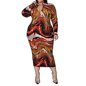 Uni Clau Women Sexy Plus Size Bodycon Dress Floral Print Long Sleeve Midi Dress V Neck Casual Party Dress with Belt Yellow L